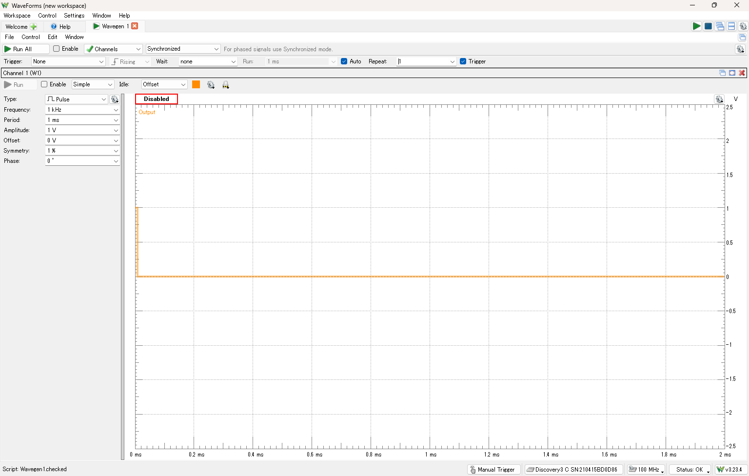Analog Discovery 3 〜Wavegenでパルス波形を1回だけ発生させる - MSR合同会社